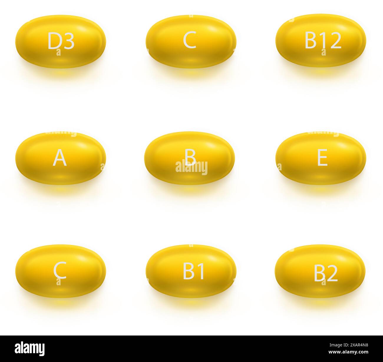 Set of vitamin yellow capsules isolated on transparent background. Vitamin A, B1, C, D3, E, B12 ...