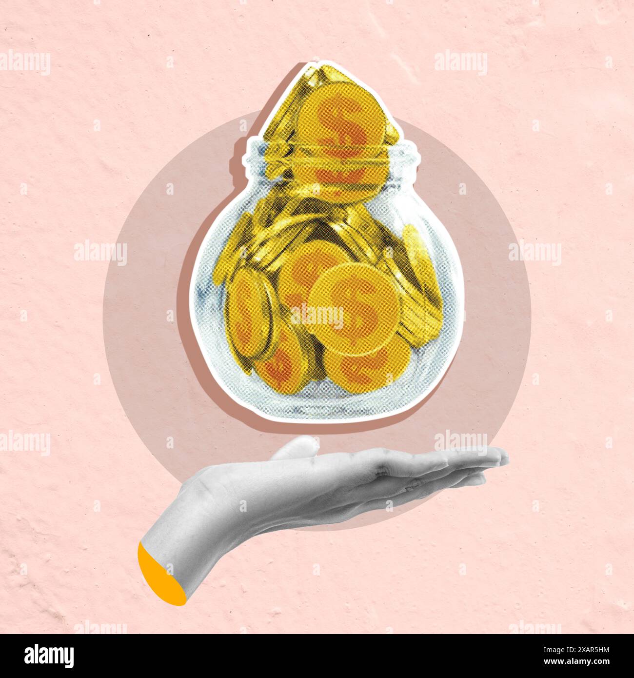 A hand is holding a jar full of gold coins. The jar is placed on a ...
