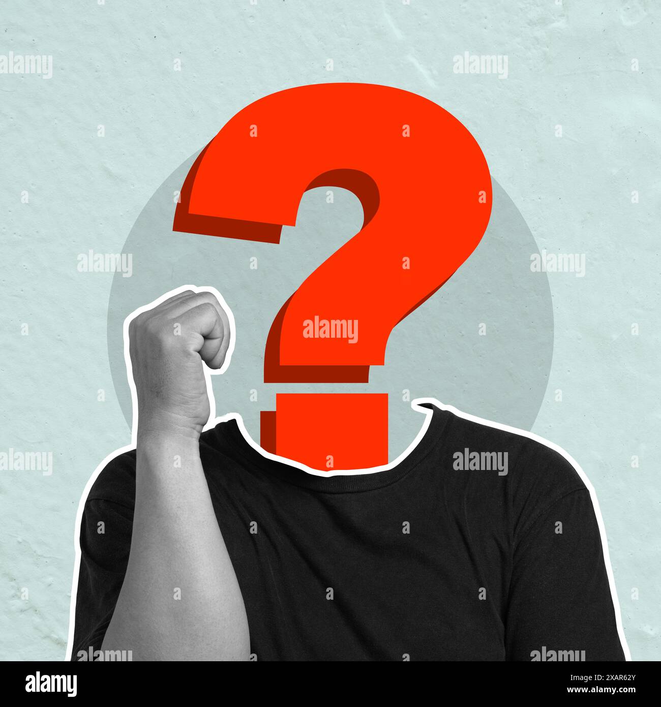 A man's face is covered in a red question mark. The image is a creative ...