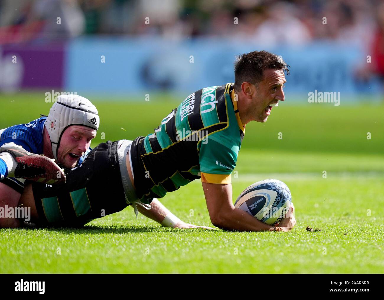Northampton Saints' Alex Mitchell scores a try during the Gallagher ...