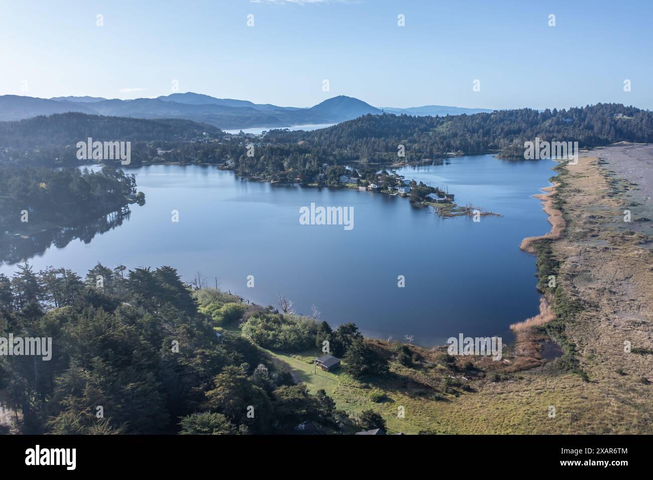 Aerial view of Lake Garrison in Port Orford, Oregon Coast Stock Photo ...