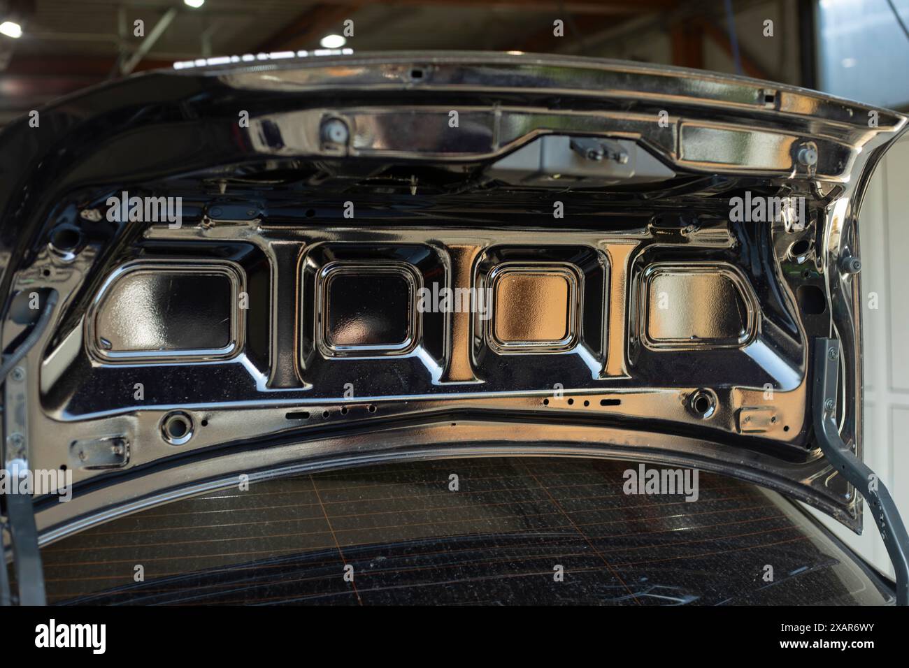 Truck body inside. Black steel machine. Transport interior details ...