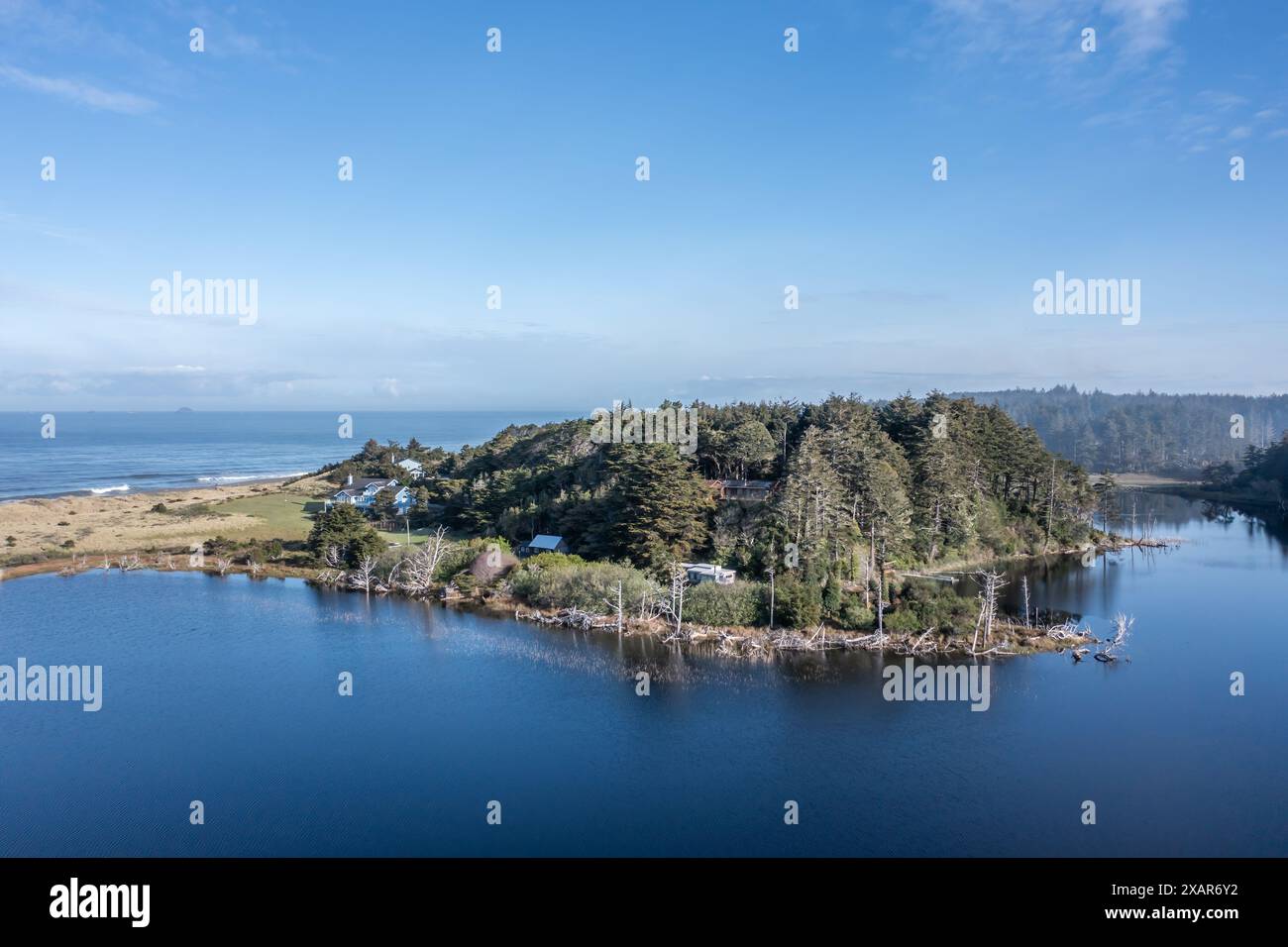 Aerial view of Lake Garrison in Port Orford, Oregon Coast Stock Photo ...