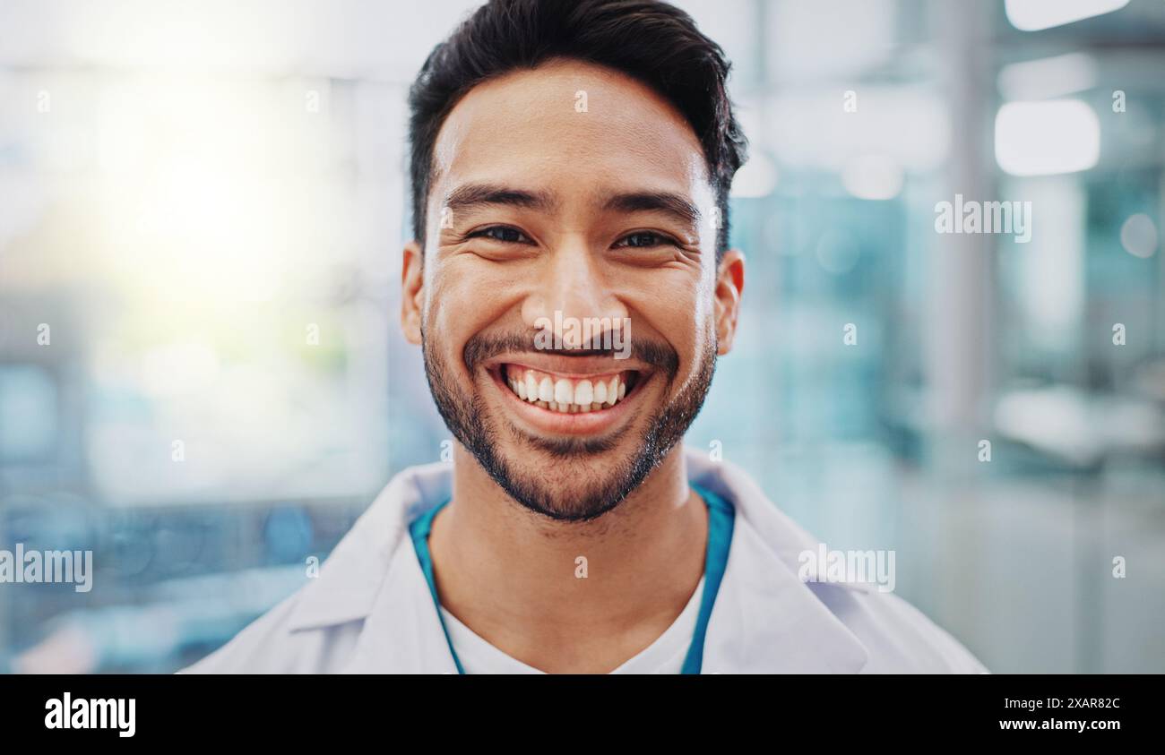 Asian man, scientist and smile in portrait at lab for research or study ...