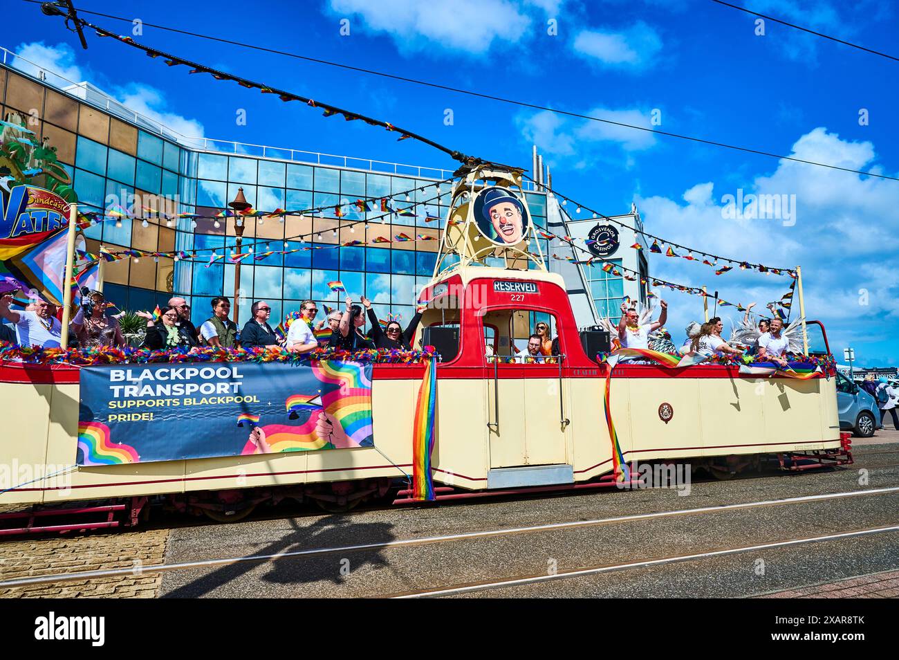 Pride parade along Blackpool Promenade 2024.Open top tram along the ...