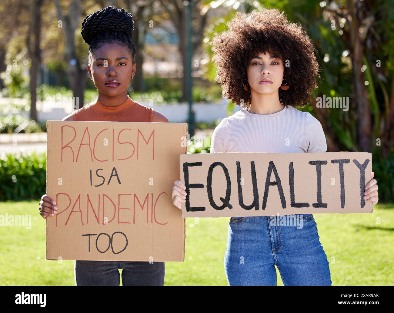 Portrait, social justice and activist as diverse women with placard ...