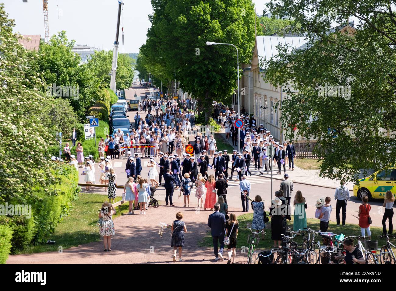 The new school graduates march through the streets of Mariehamn from ...