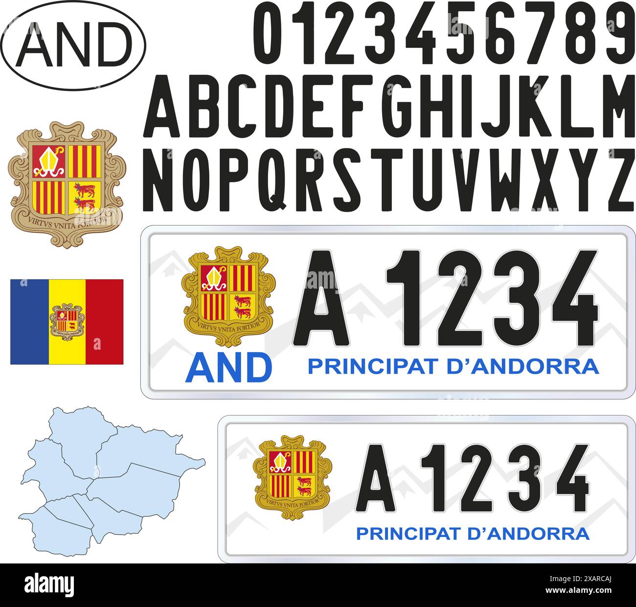 Andorra car license plate pattern, letters, numbers and symbols, vector ...