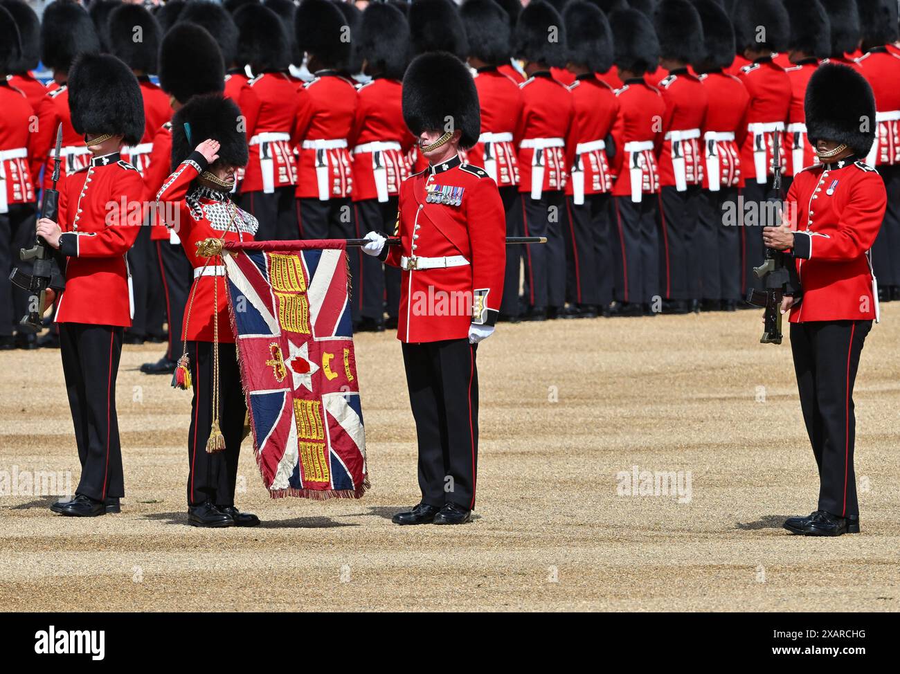 London, UK. 08th June, 2024. The Colour of the Irish Guards is ...