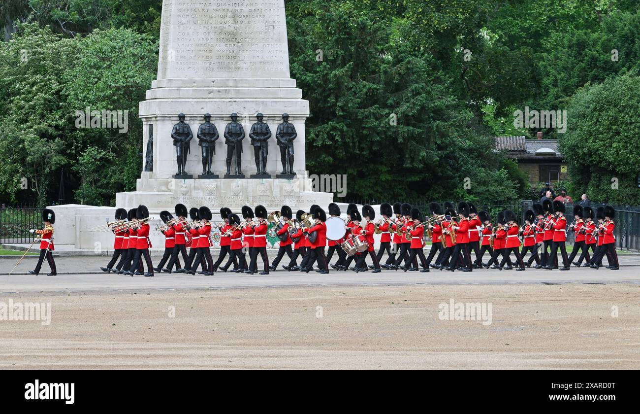 London, UK. 08th June, 2024. The band of the Welsh Guards march on at ...