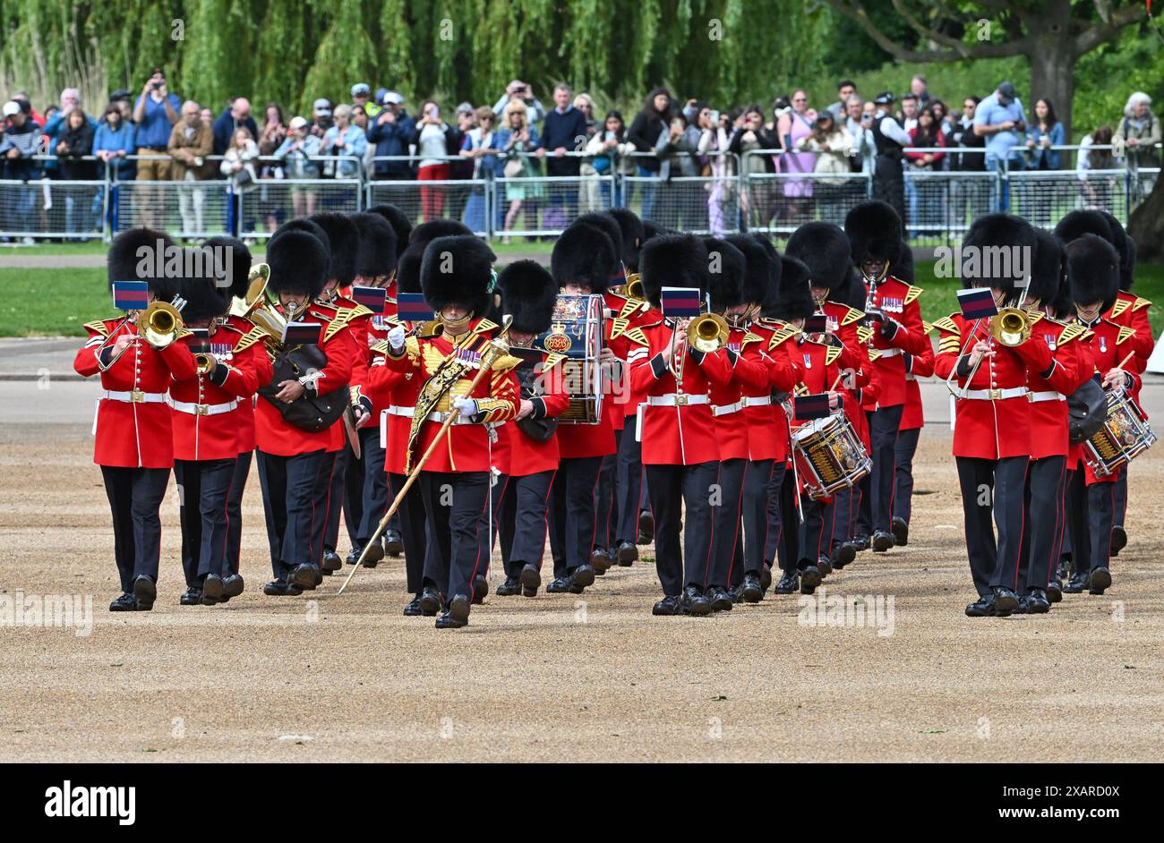 London, UK. 08th June, 2024. The band of the Welsh Guards march on at ...