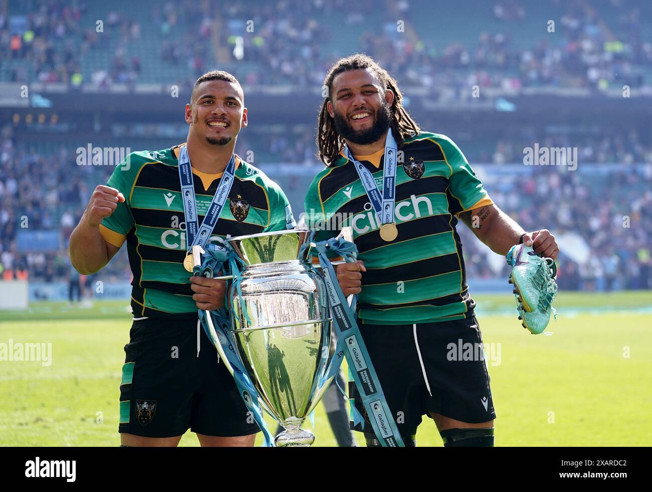 Northampton Saints' Sam Matavesi (left) and Lewis Ludlam with the ...