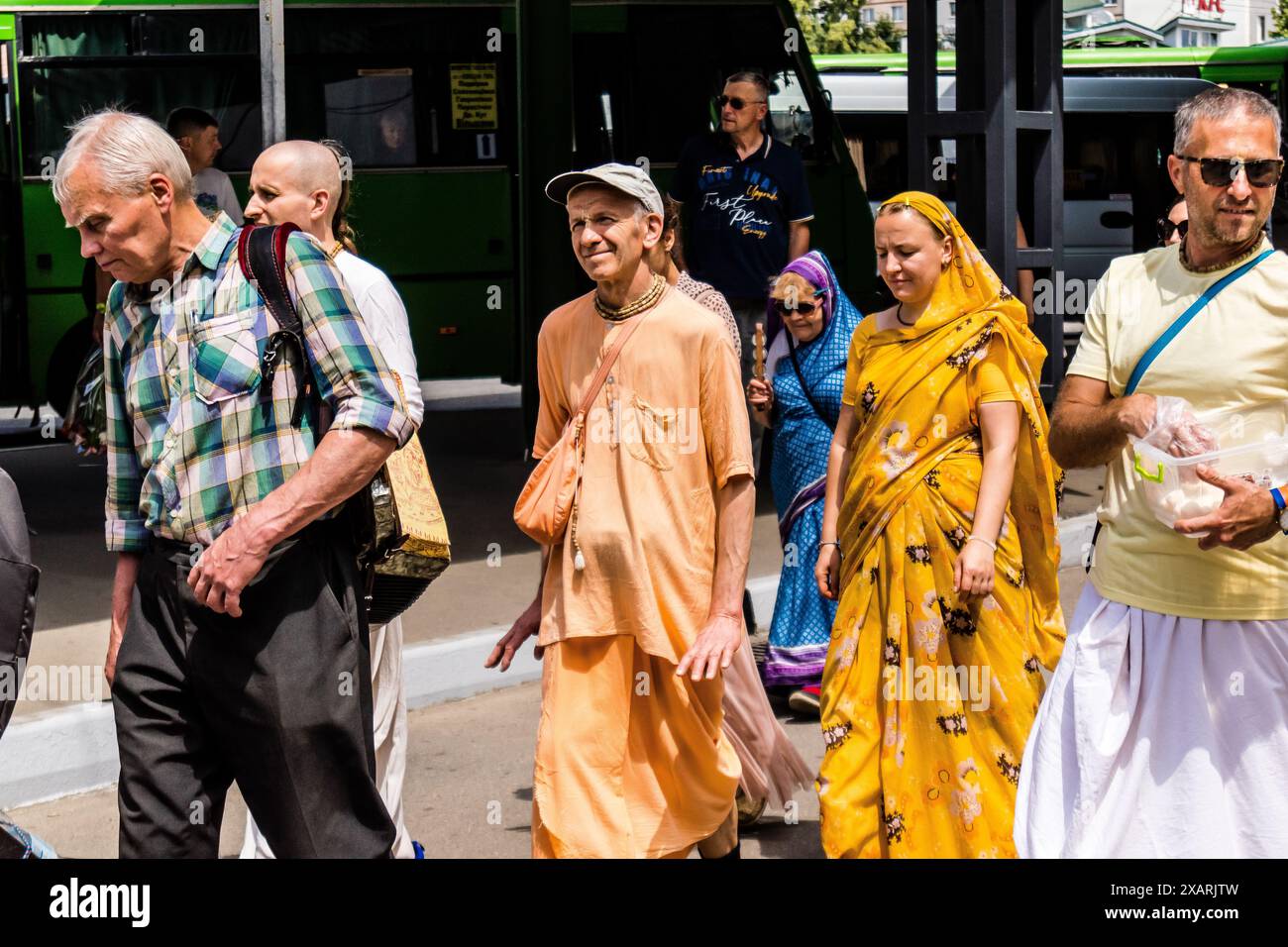 Kharkiv, Ukraine, June 8, 2024 Ukrainian Hare Krishna devotees dance and sing in the streets.The ...