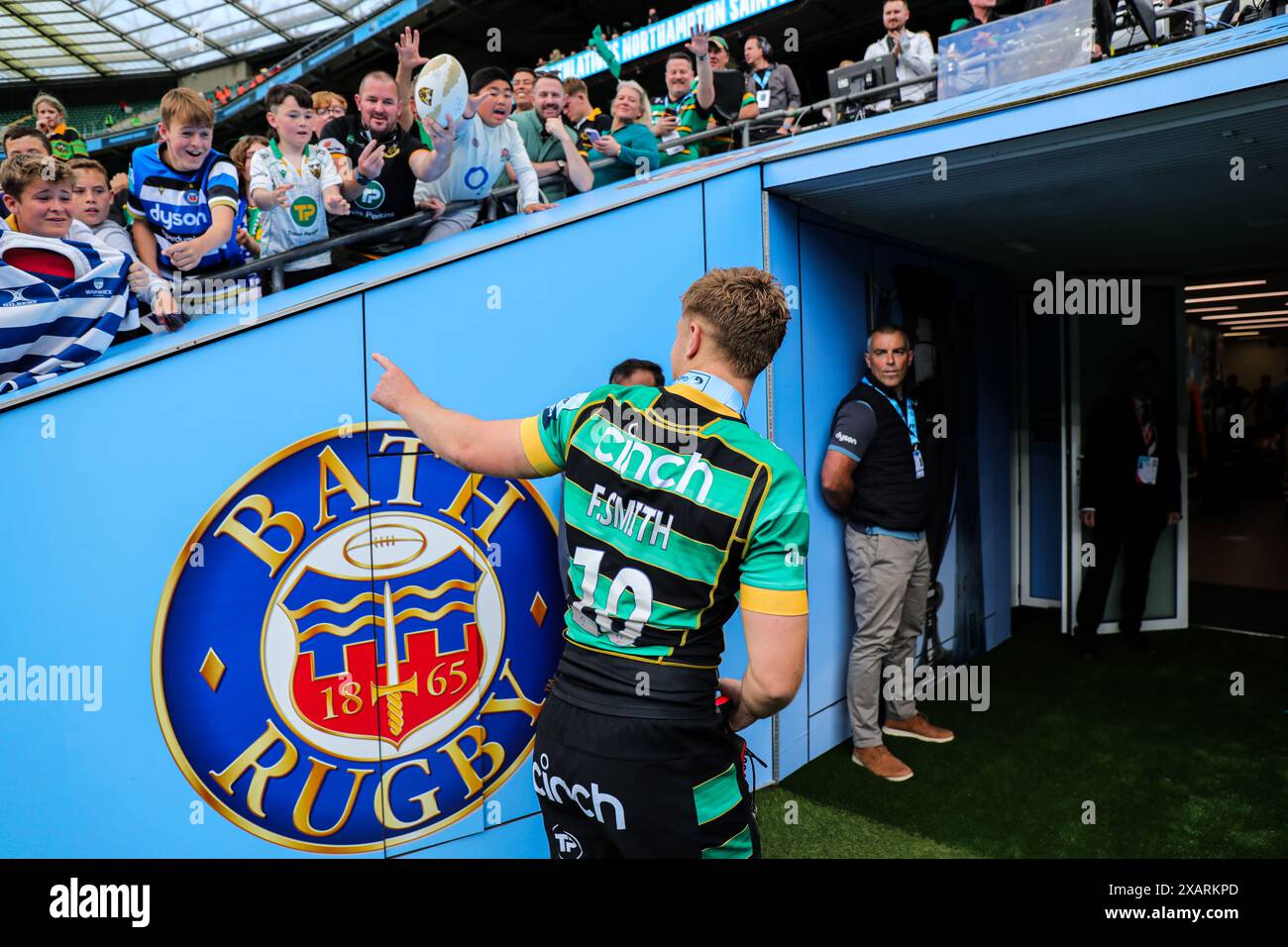 London, England. Saturday June 8, 2024. Northampton Saints' Fin Smith ...