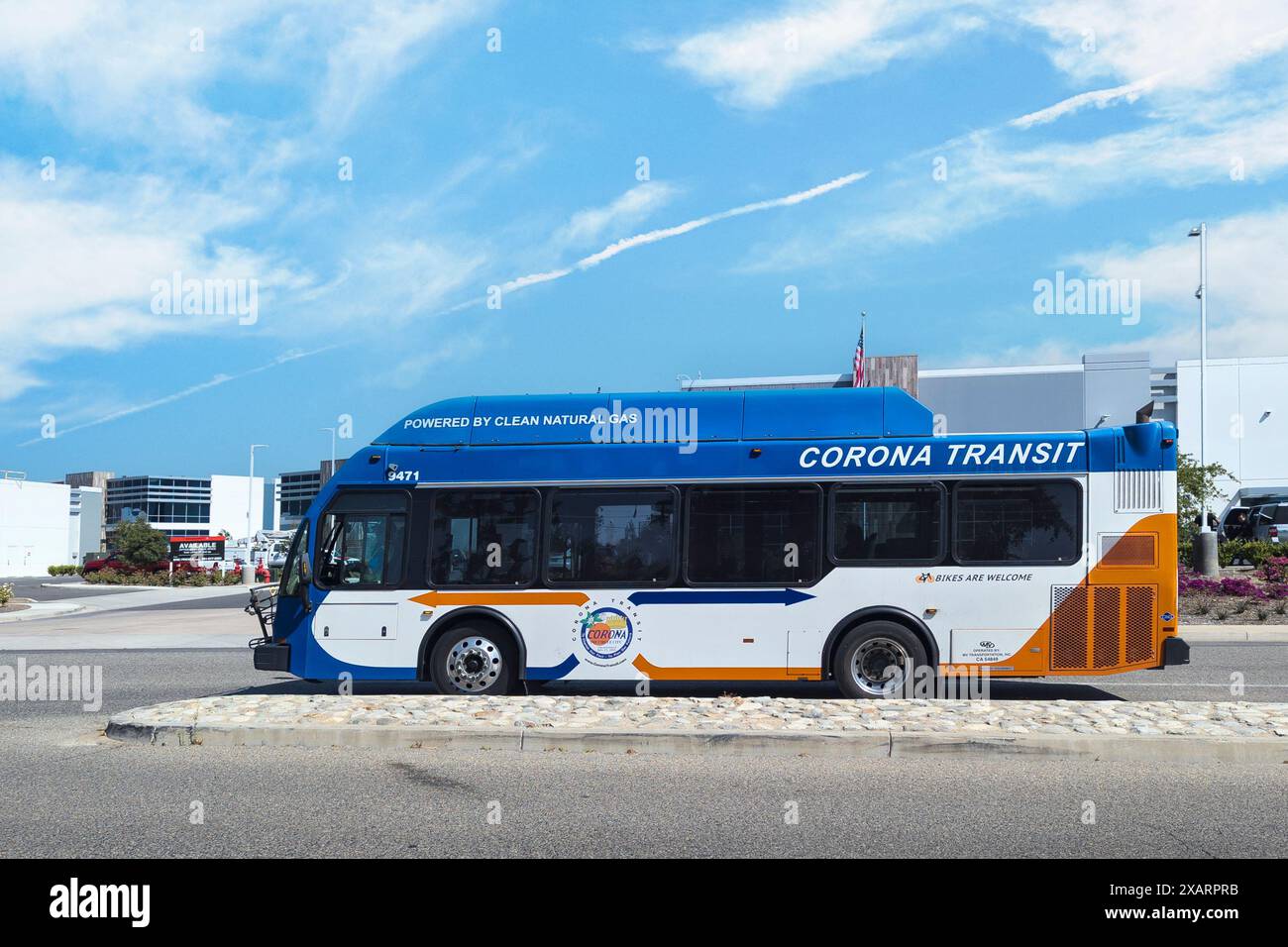 Corona, CA, USA - June 5, 2024: Natural gas powered bus operated by ...