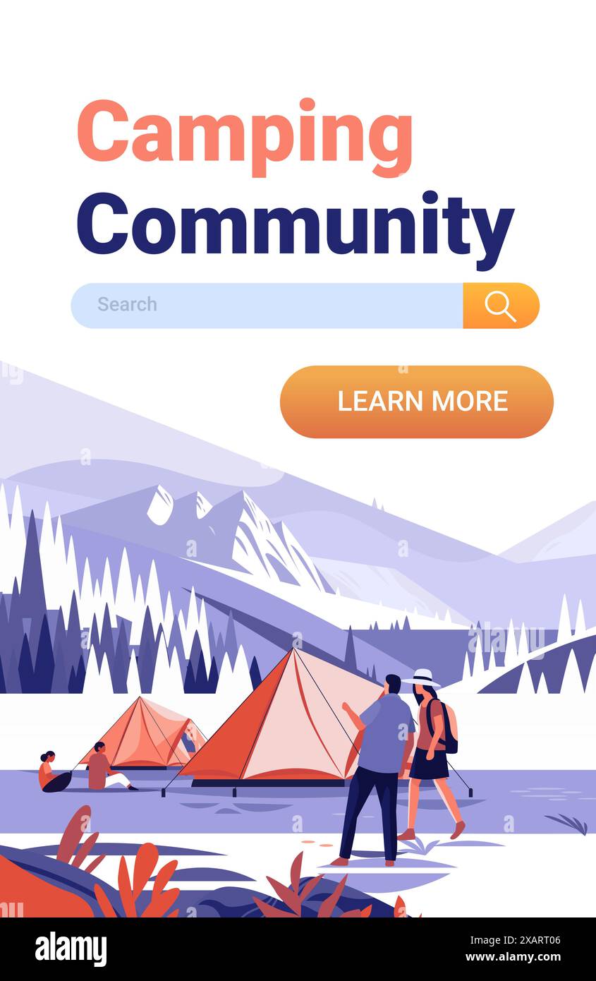 Camping scene with tents people mountains and pine trees in a ...