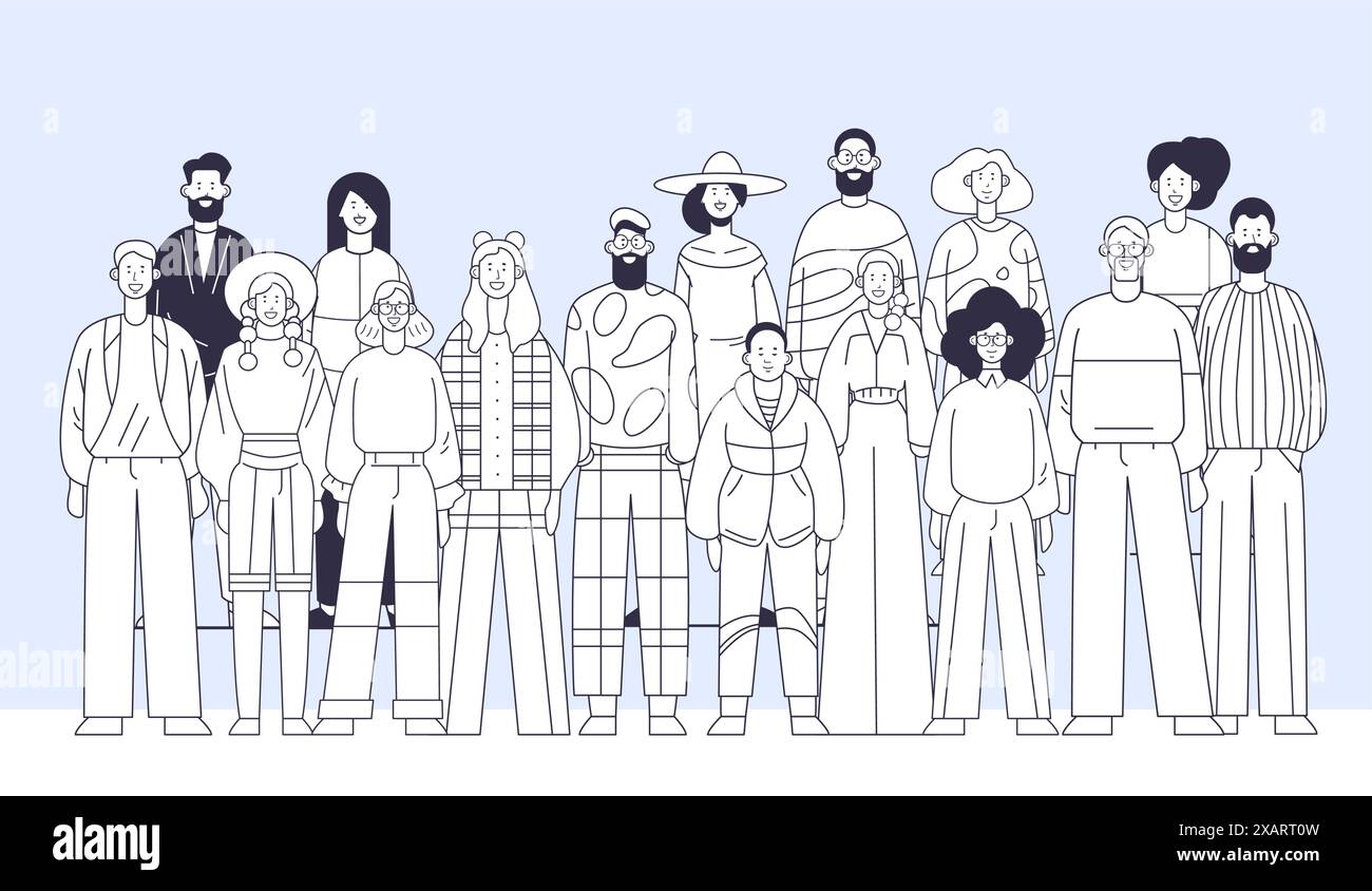 Diverse group of people standing together minimalistic line art style ...