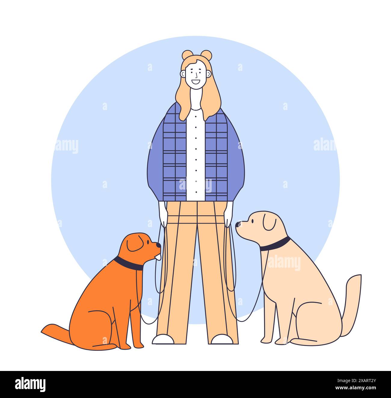Person walking two dogs standing in front of a blue circle background ...