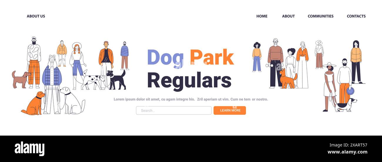 Dog park scene with diverse people and various breeds of dogs colorful ...