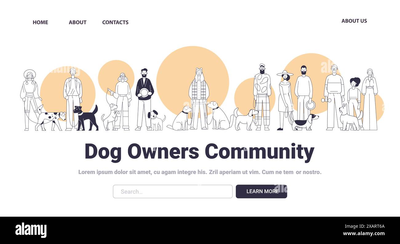 Dog owners with various breeds standing together minimalist line art ...