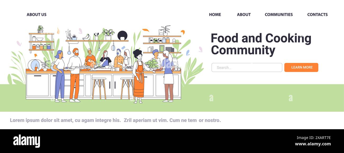 Cooking class illustration with diverse people preparing food in a ...