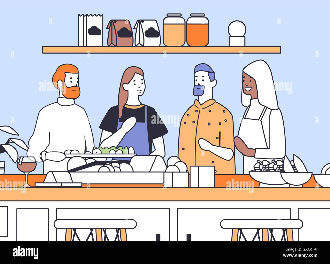 Group of people cooking together in a kitchen surrounded by ingredients ...