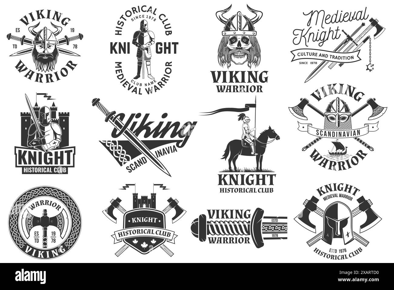 Set of viking warrior and knight historical club logos, badges ...