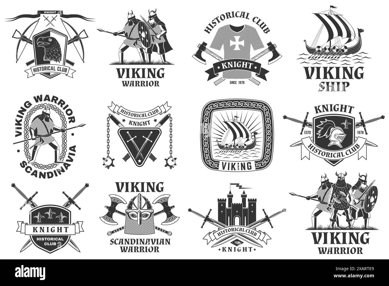 Set of viking warrior and knight historical club logos, badges ...