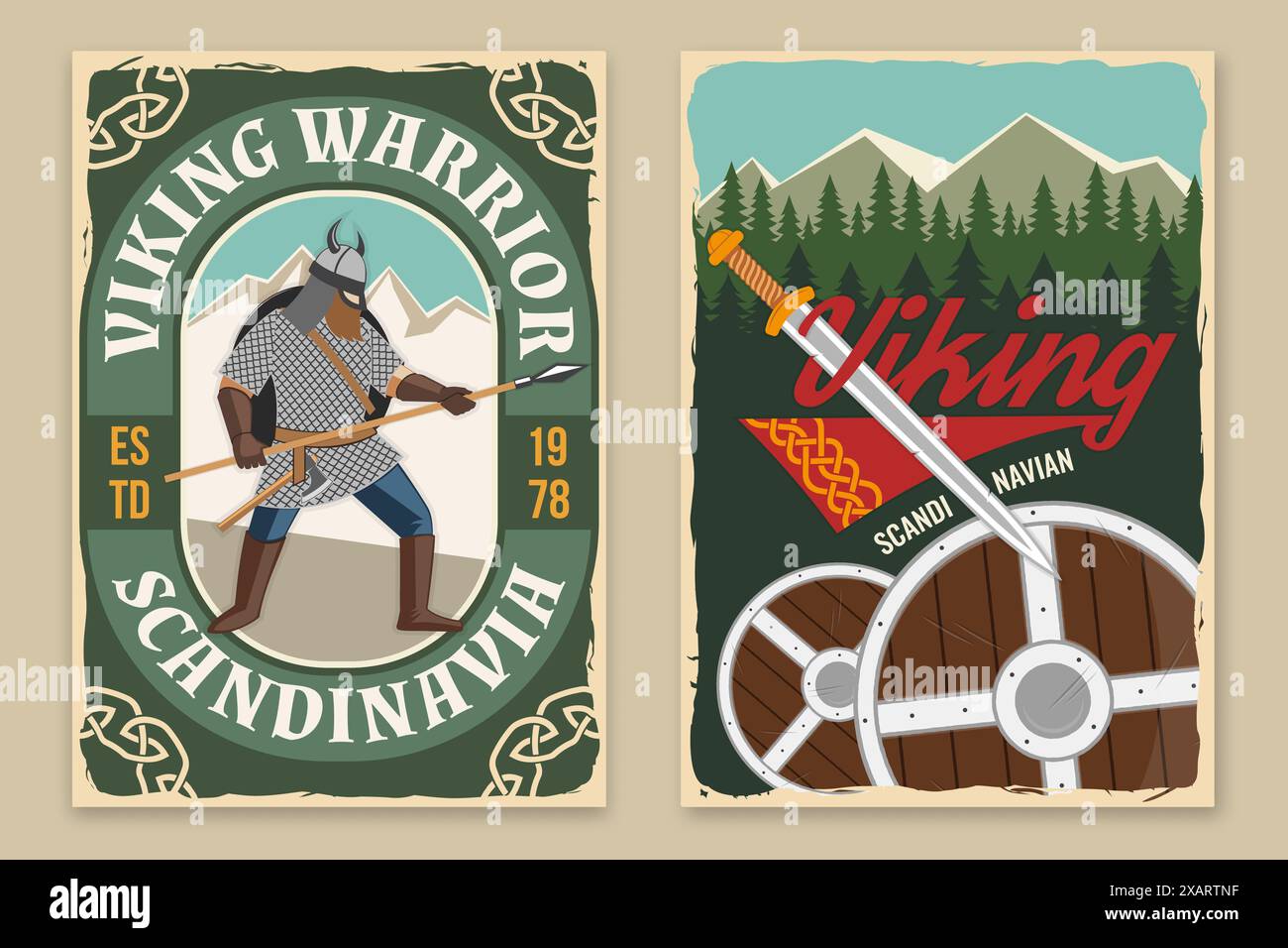 Set of viking warrior retro posters. Vector illustration. Flyer ...