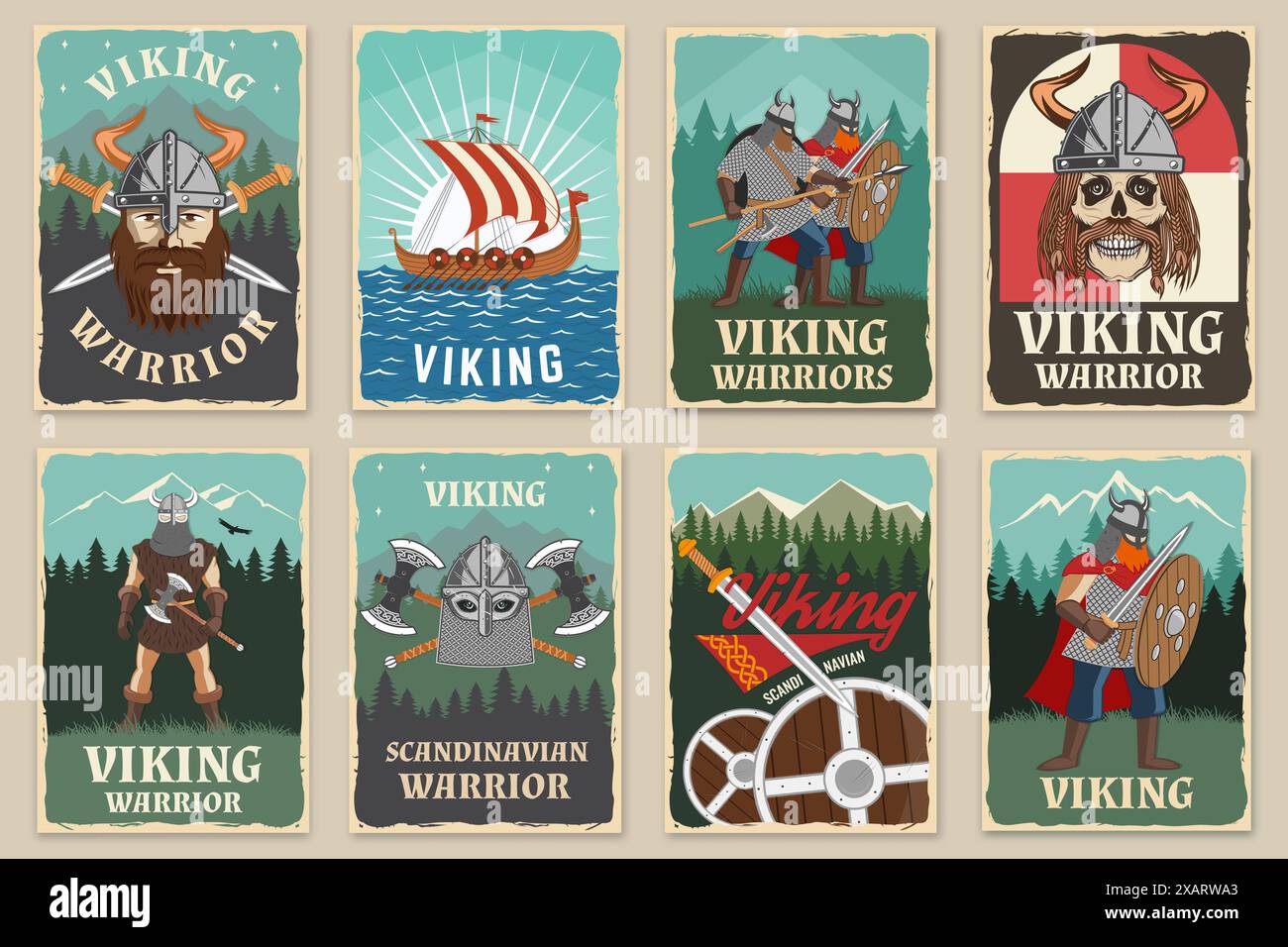 Set of viking warrior retro posters. Vector illustration. Flyer ...