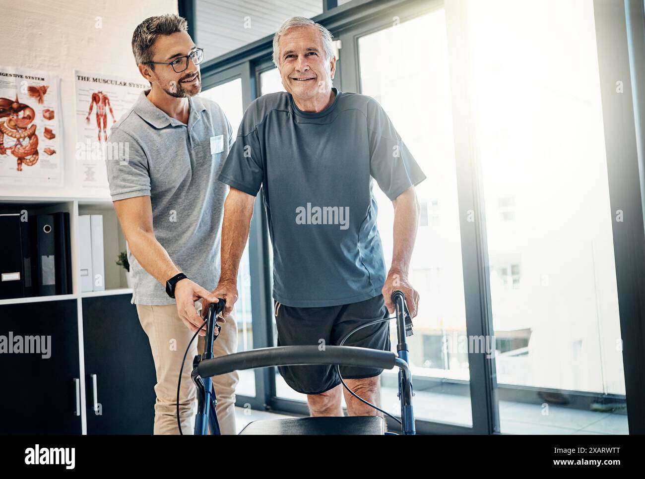 Physiotherapy, walking frame and old man for consulting, rehabilitation or recovery. Healthcare ...