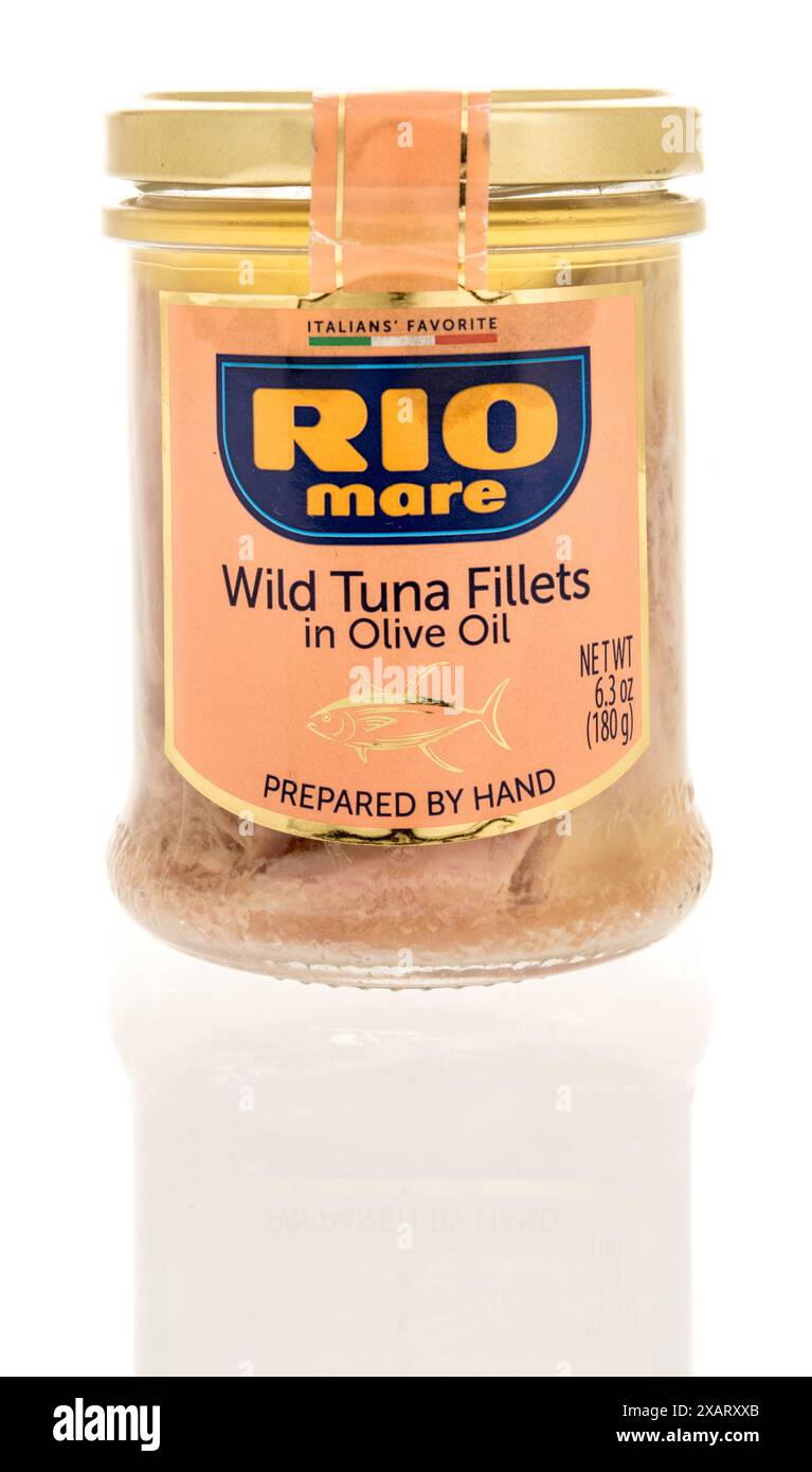 Winneconne, WI - 27 April 2024: A jar of Rio mare wild tuna fillets in ...