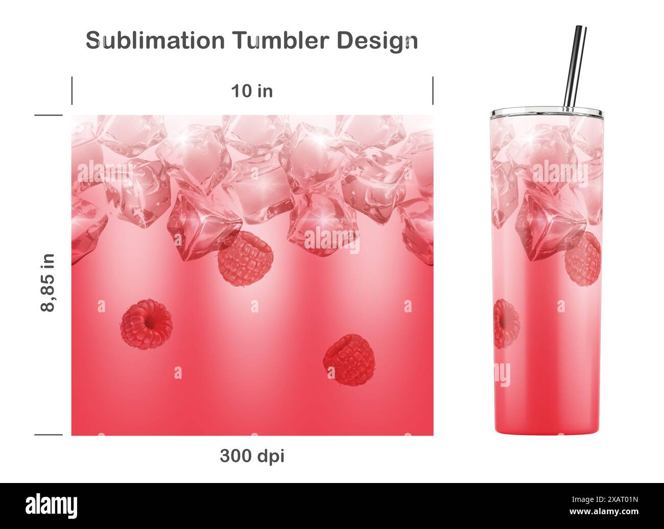 Realistic Raspberry drink pattern with ice cubes. Seamless sublimation ...