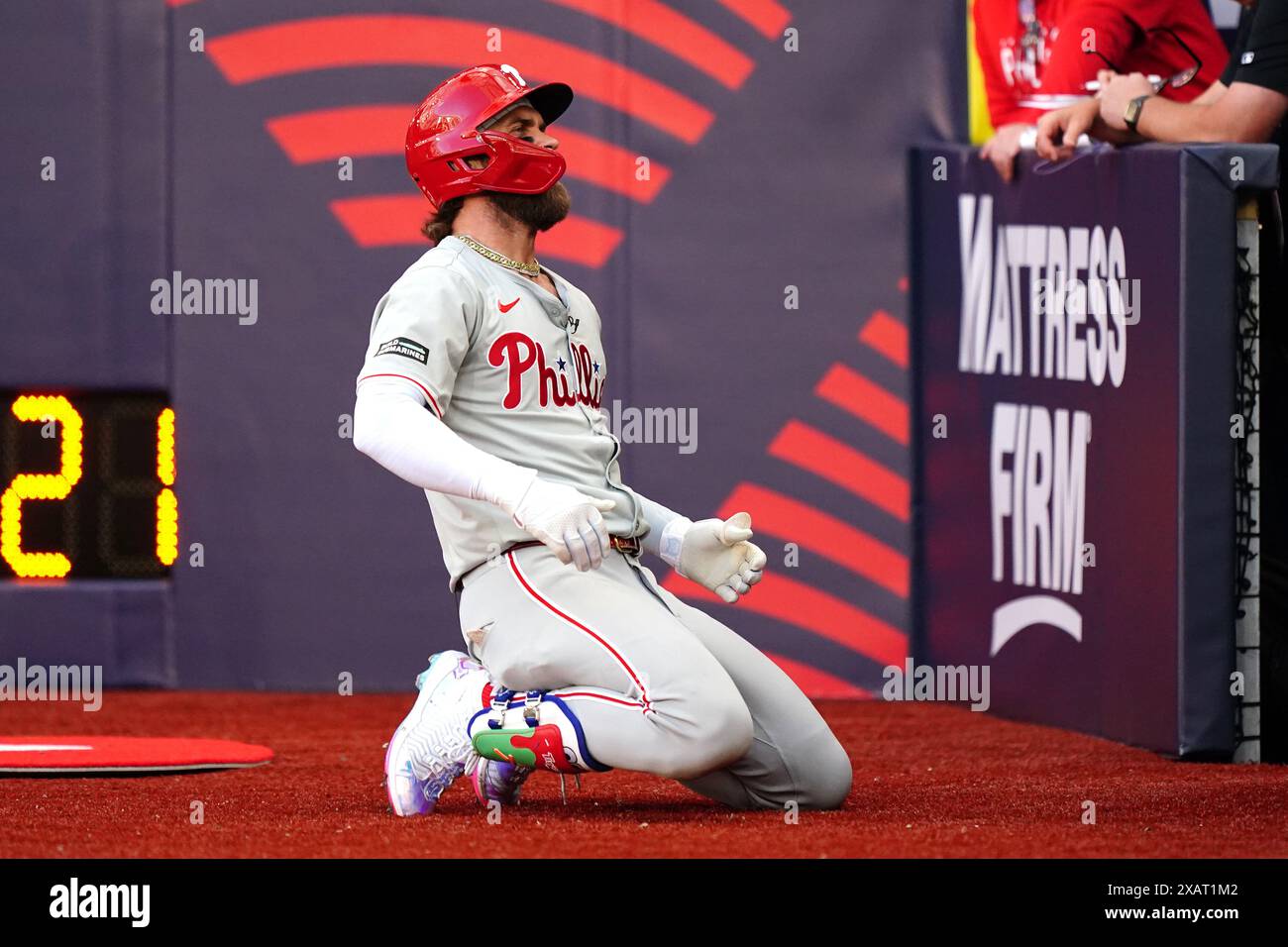Philadelphia Phillies' Bryce Harper celebrates a home run on day one of ...