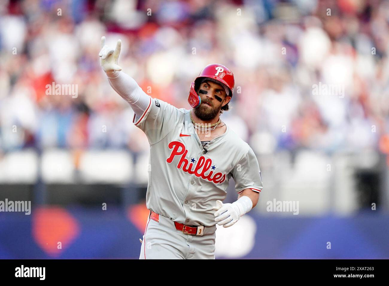 Philadelphia Phillies' Bryce Harper celebrates a home run on day one of ...