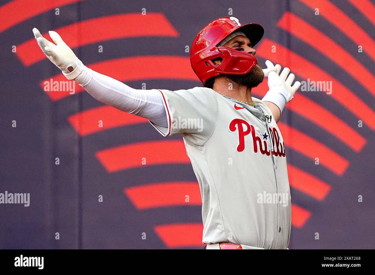 Philadelphia Phillies' Bryce Harper celebrates a home run on day one of ...