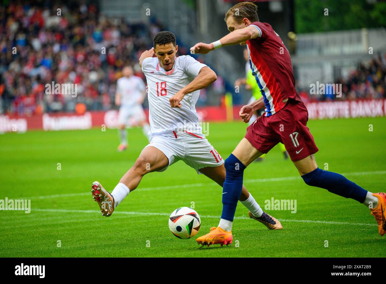 Brondby, Denmark. 8 June, 2024. Pictured left to right, 18 (DEN ...