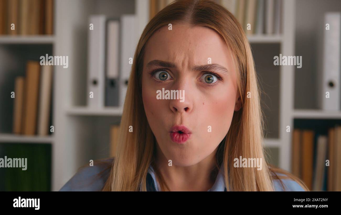 Shocked female face big eyes open mouth portrait amazed astonished ...