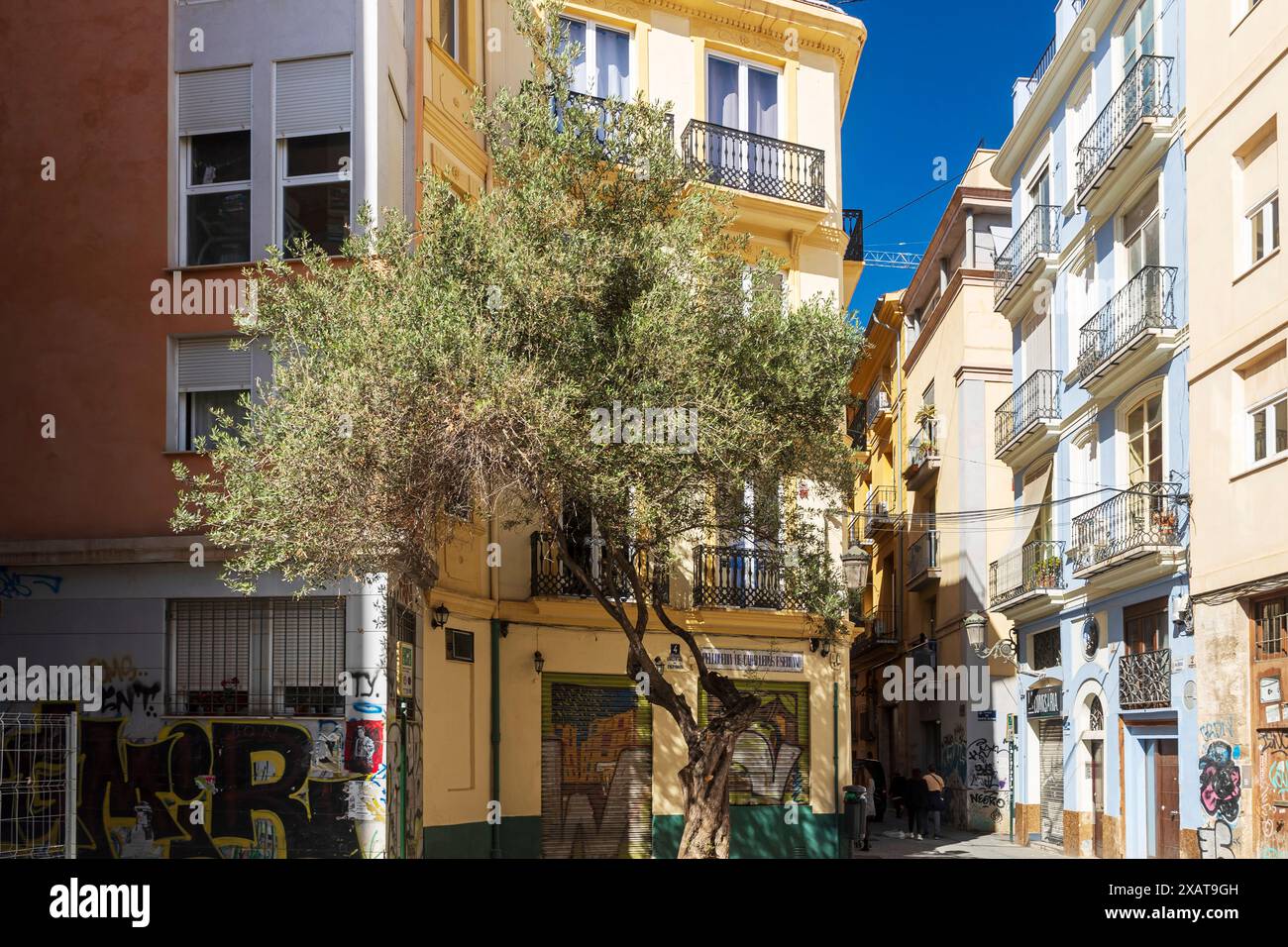 VALENCIA, SPAIN - May 2, 2024: Narrow streets with colorful houses in ...