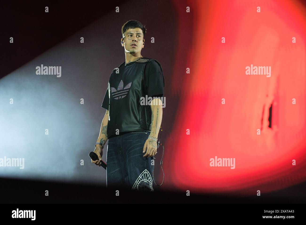 Argentine singer Duki during a performance at the Santiago Bernabeu ...