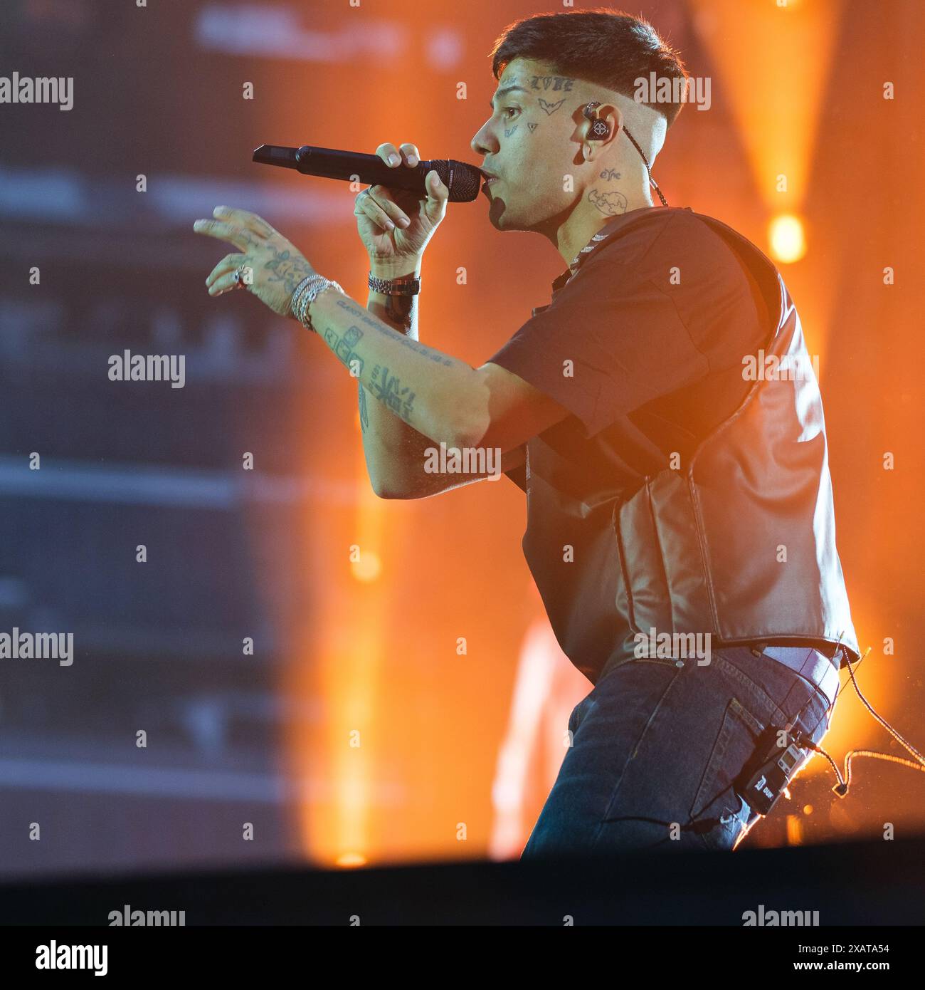 Argentine singer Duki during a performance at the Santiago Bernabeu ...