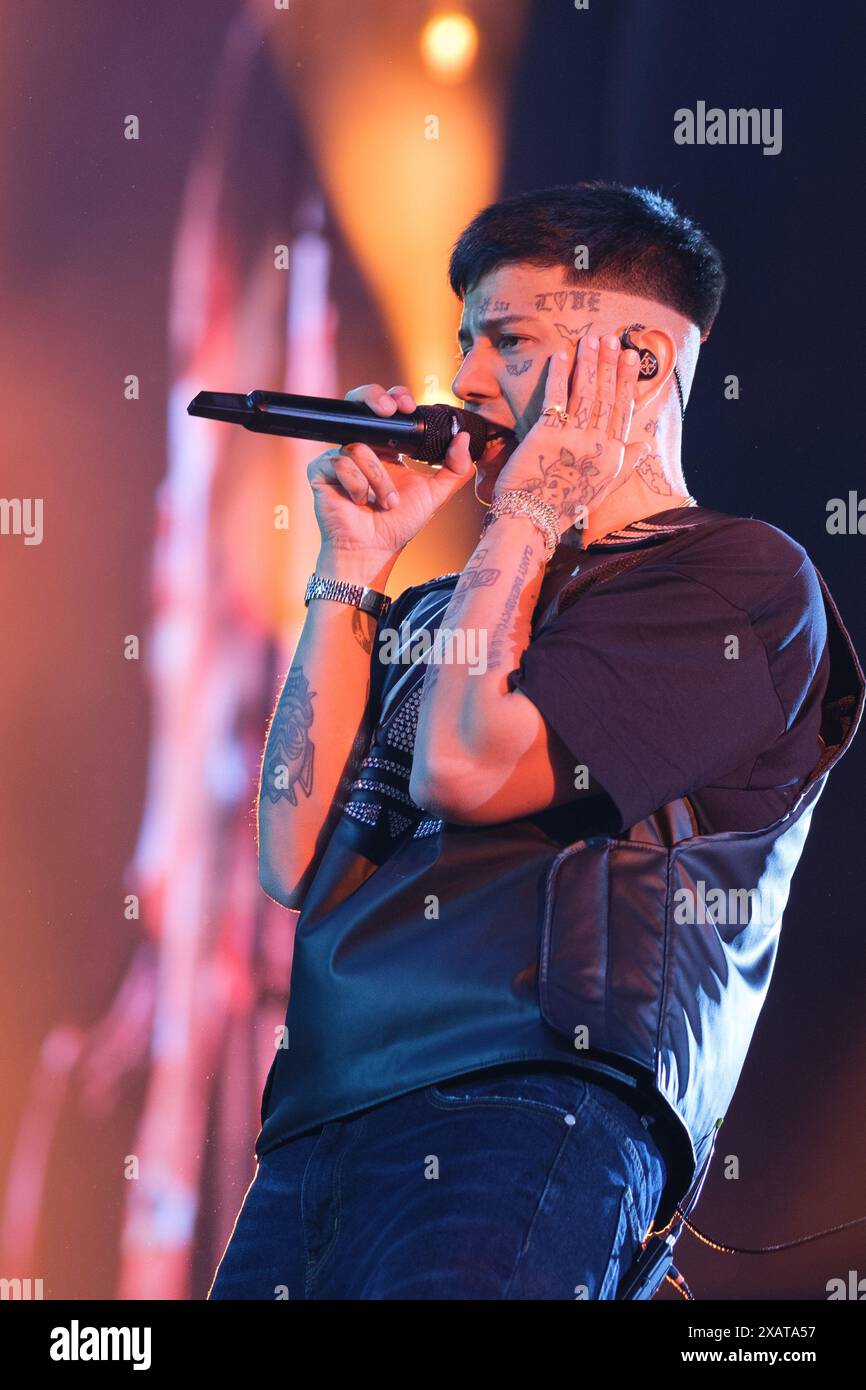 Argentine singer Duki during a performance at the Santiago Bernabeu ...
