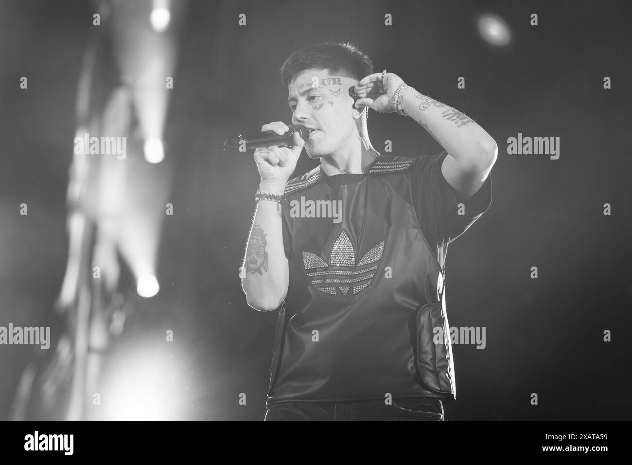 Argentine singer Duki during a performance at the Santiago Bernabeu ...