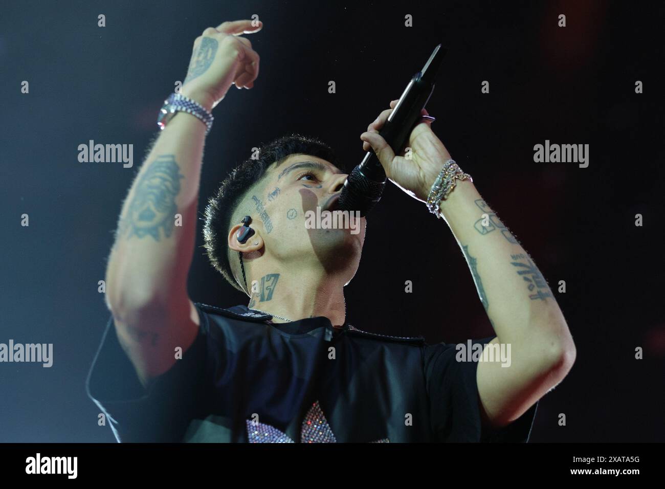 Argentine singer Duki during a performance at the Santiago Bernabeu ...