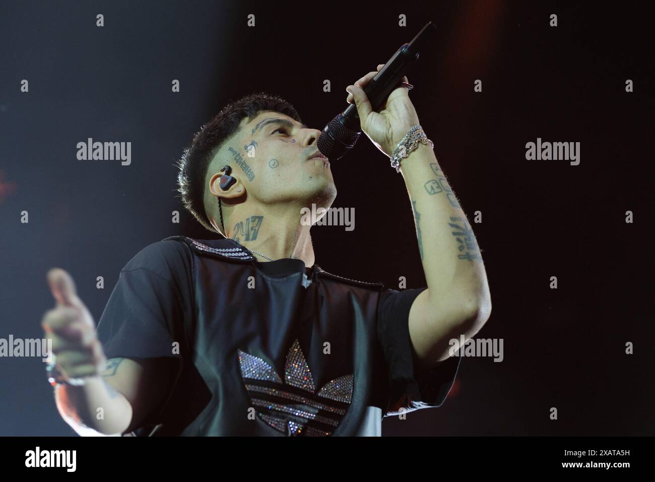 Argentine singer Duki during a performance at the Santiago Bernabeu ...