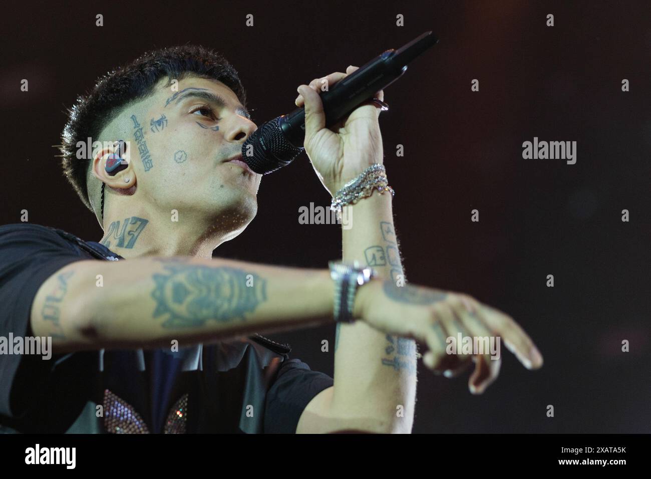 Argentine singer Duki during a performance at the Santiago Bernabeu ...