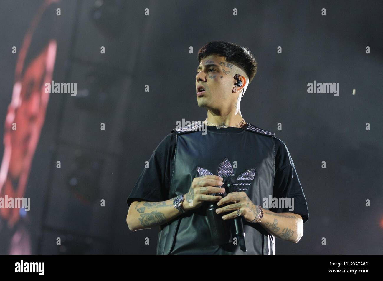 Argentine singer Duki during a performance at the Santiago Bernabeu ...