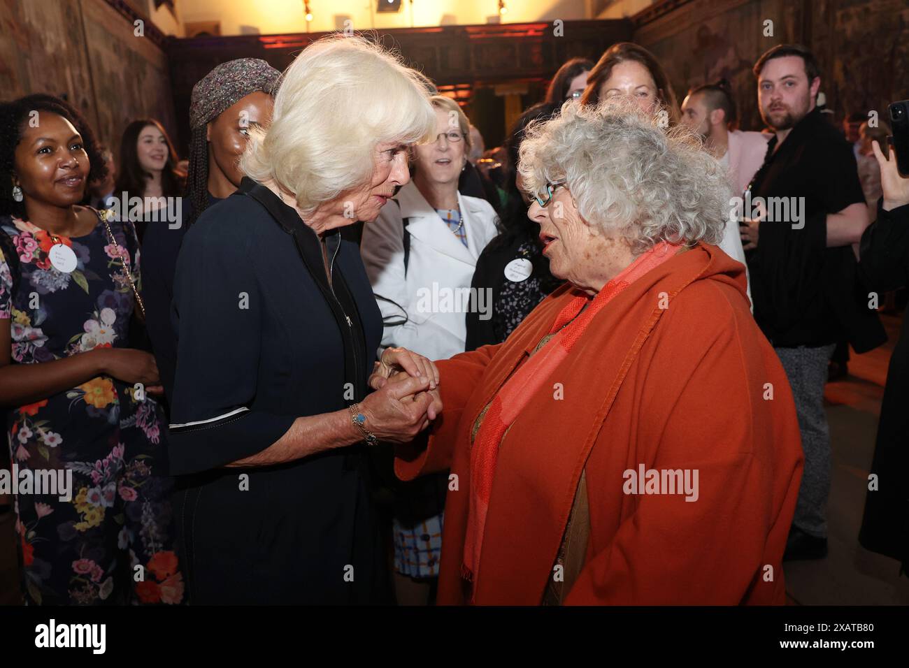 Queen Camilla (left) speaks with Miriam Margolyes during a reception ...