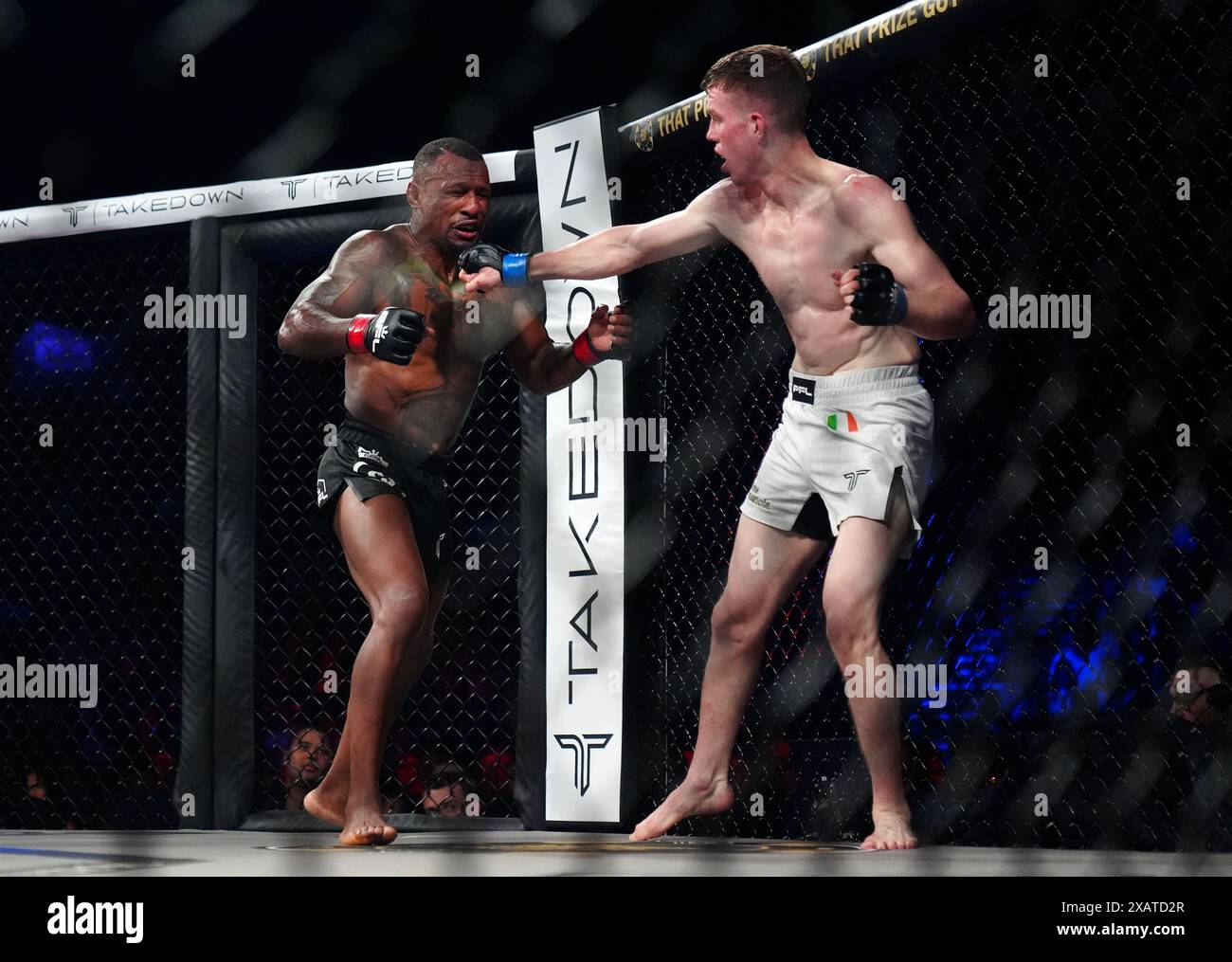 Kane Mousah (left) in action against Dylan Tuke in their Lightweight bout during the PFL Europe ...