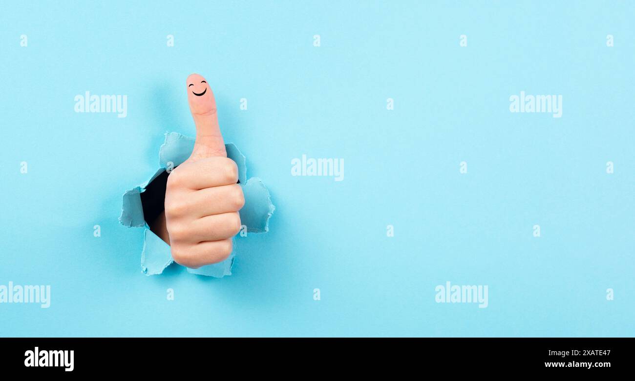 Thumb up, happy smiling face, positive hand gesture, approval or ...